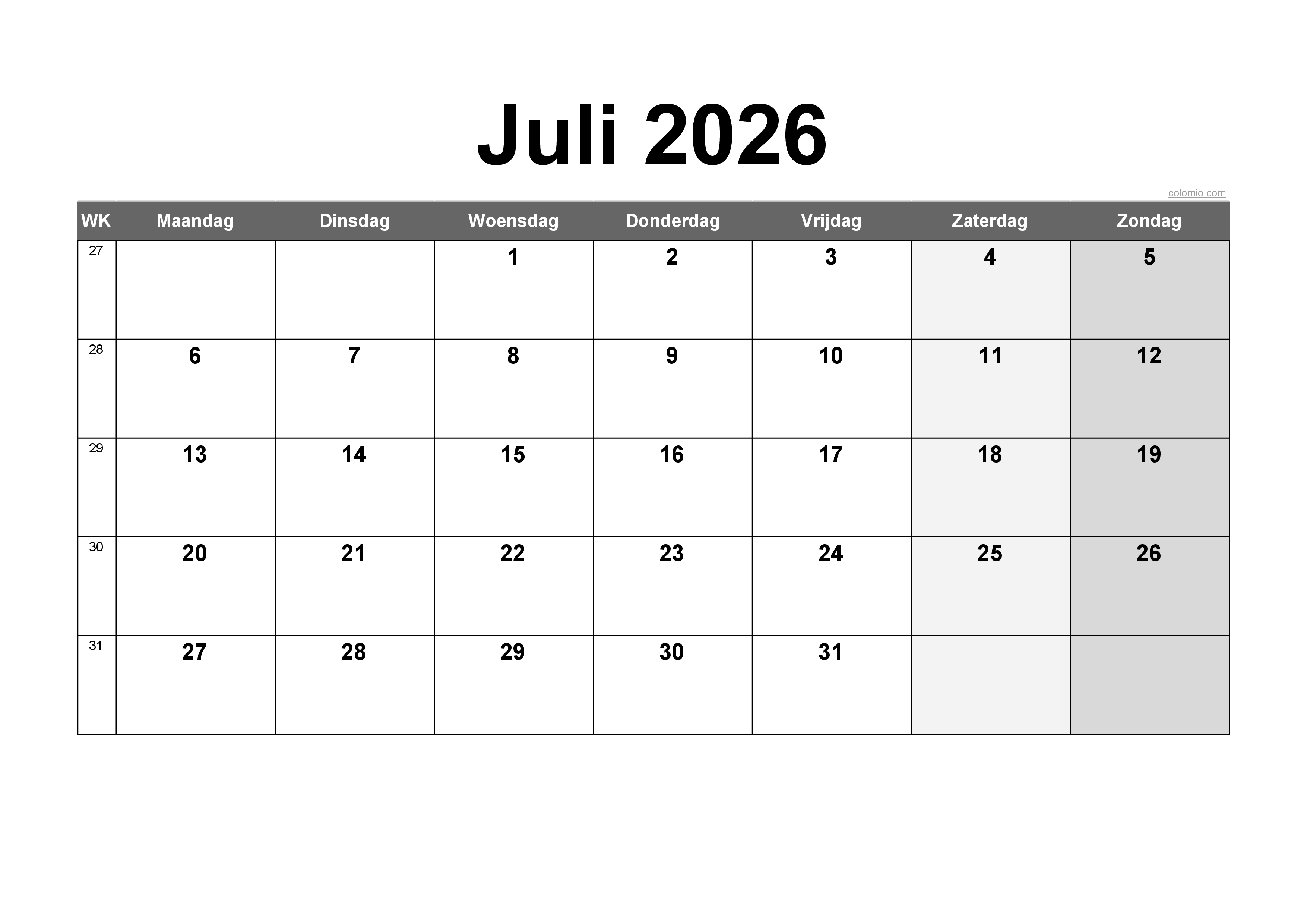 Juli 2026 Kalender Nederland PDF Excel Download Juli 2026 Kalender Nederland PDF Excel Download
