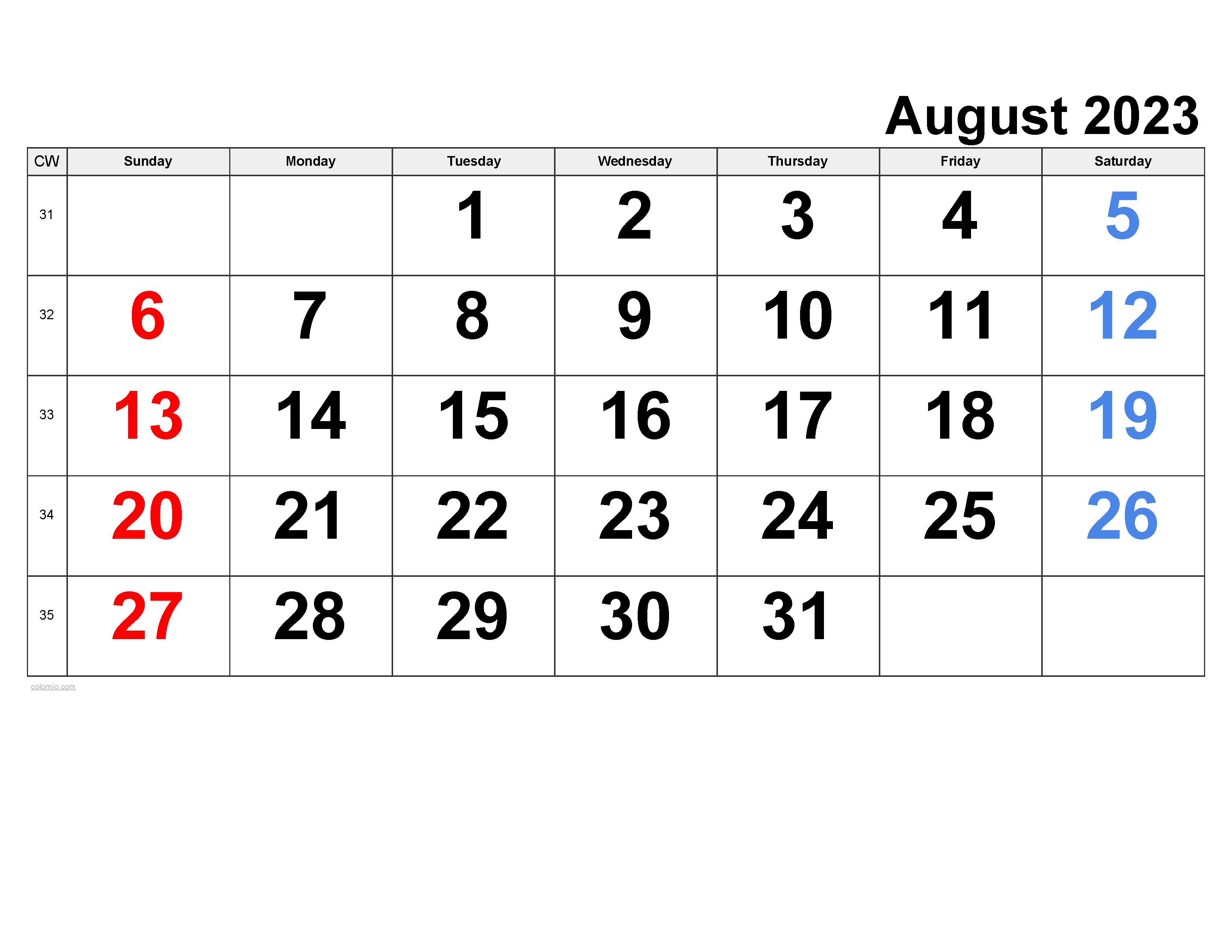 August 2023 Calendar Free Printable PDF XLS And PNG