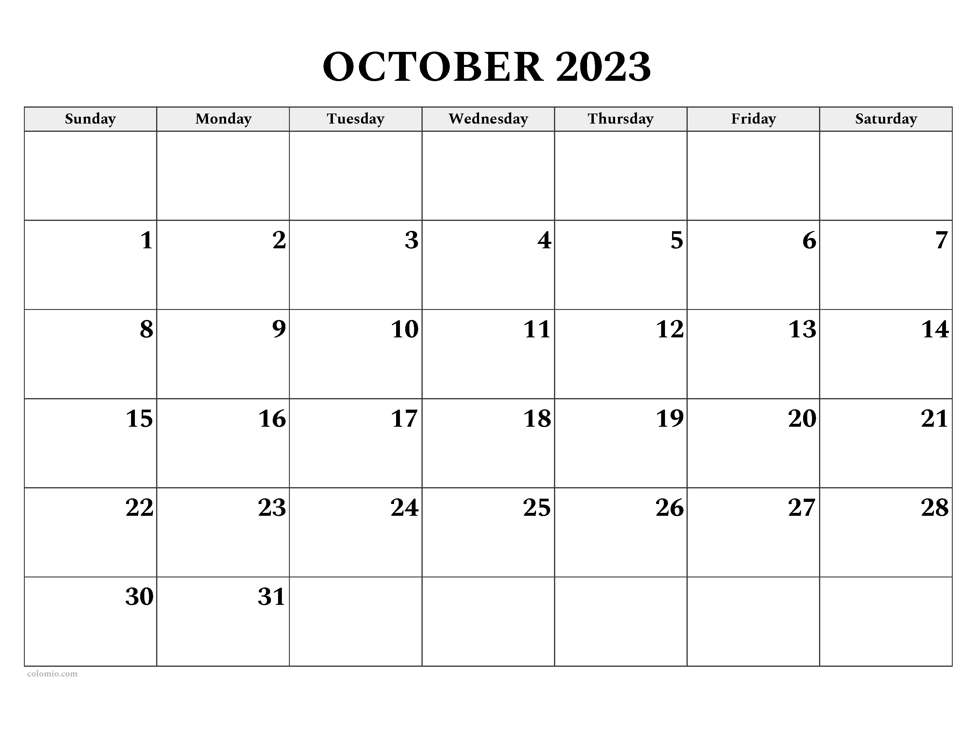 October 2023 Calendar Free Printable PDF XLS And PNG